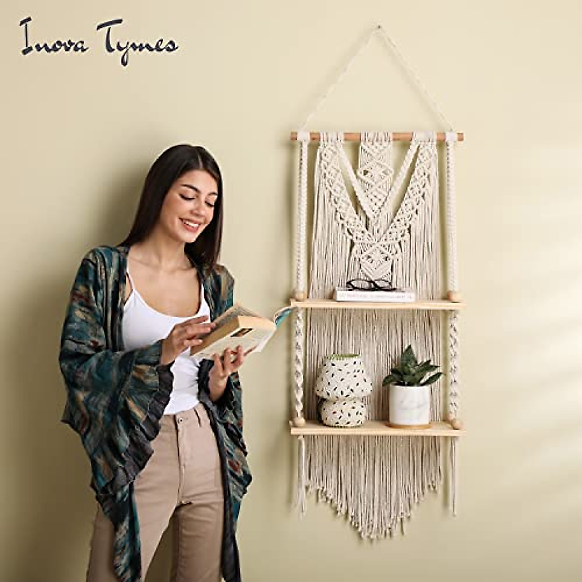 INOVA TYMES Macrame Wall Hanging Shelf 2 Tier - Boho Bedroom Decor | Macrame Wall Decor | Boho Shelf Decor, Hanging Shelves for Wall, Woven Rope Floating Wood Shelves & Storage for Small Plants Books