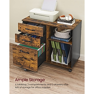 VASAGLE Lateral File Cabinet, Home Office Printer Stand, with 3 Drawers and Open Storage Shelves, for A4, Letter-Size Documents, Rustic Brown + Black