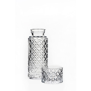 Alfi+Mag Bedside Glass Water Carafe and Tumbler Set - 24.7 Oz Water Bottle with 5.7 Oz Drinking Glass Cup, Carafe for Nightstand, Mouthwash Decanter Bathroom Set, Handmade Gift (Diamond Clear Glass)