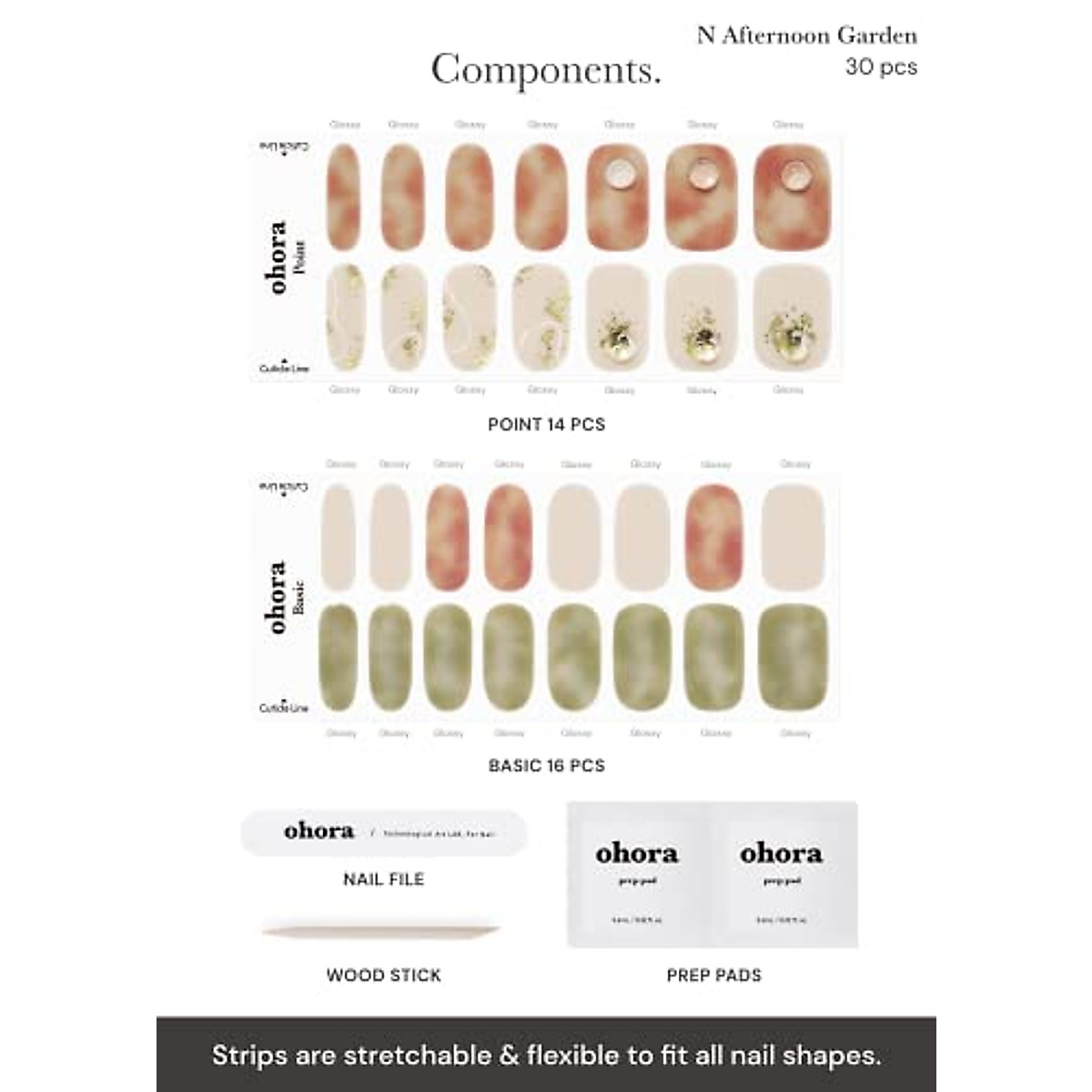 ohora Semi Cured Gel Nail Strips (N Afternoon Garden) - Works with Any Nail Lamps, Salon-Quality, Long Lasting, Easy to Apply & Remove - Includes 2 Prep Pads, Nail File & Wooden Stick