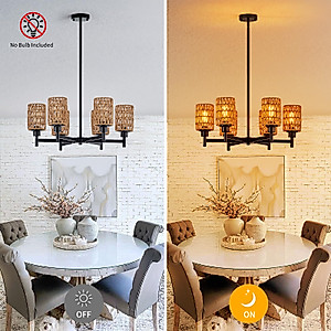 Widluth Black Chandelier Light Fixture Vintage 6-Lights Black Chandelier with Rattan Shade Industrial Boho 24.8" Hand Woven Bamboo Chandelier for Dining Room, Kitchen Island, Bedroom