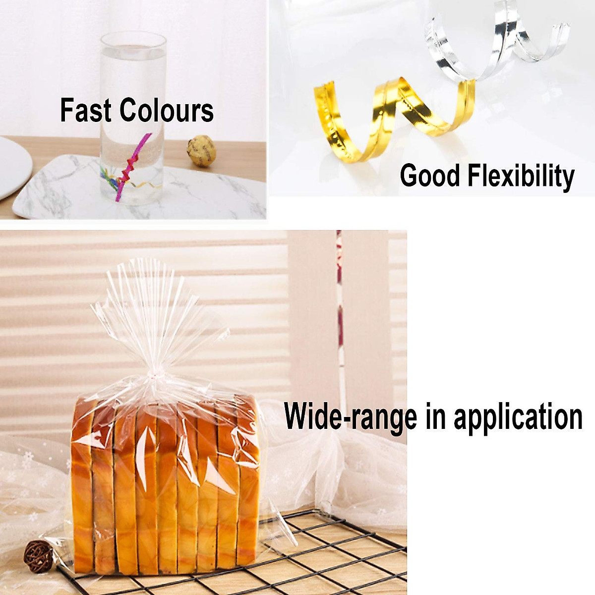 Cello Cellophane Treat Bags, 8 X 12 Inches Big OPP Clear Plastic Bags For Bakery, Popcorn, Cookies, Candies, Dessert with 6 Colors Twist Ties(100 Pieces Bags + 100 Pieces Twist Ties) (100, 8 X 12)