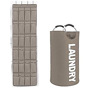 Gorilla Grip Over The Door Mesh Pocket Shoe Organizer and Laundry Basket, 24 Pocket Shoe Organizer and 115L Laundry Basket both in Beige Color, 2 item Bundle