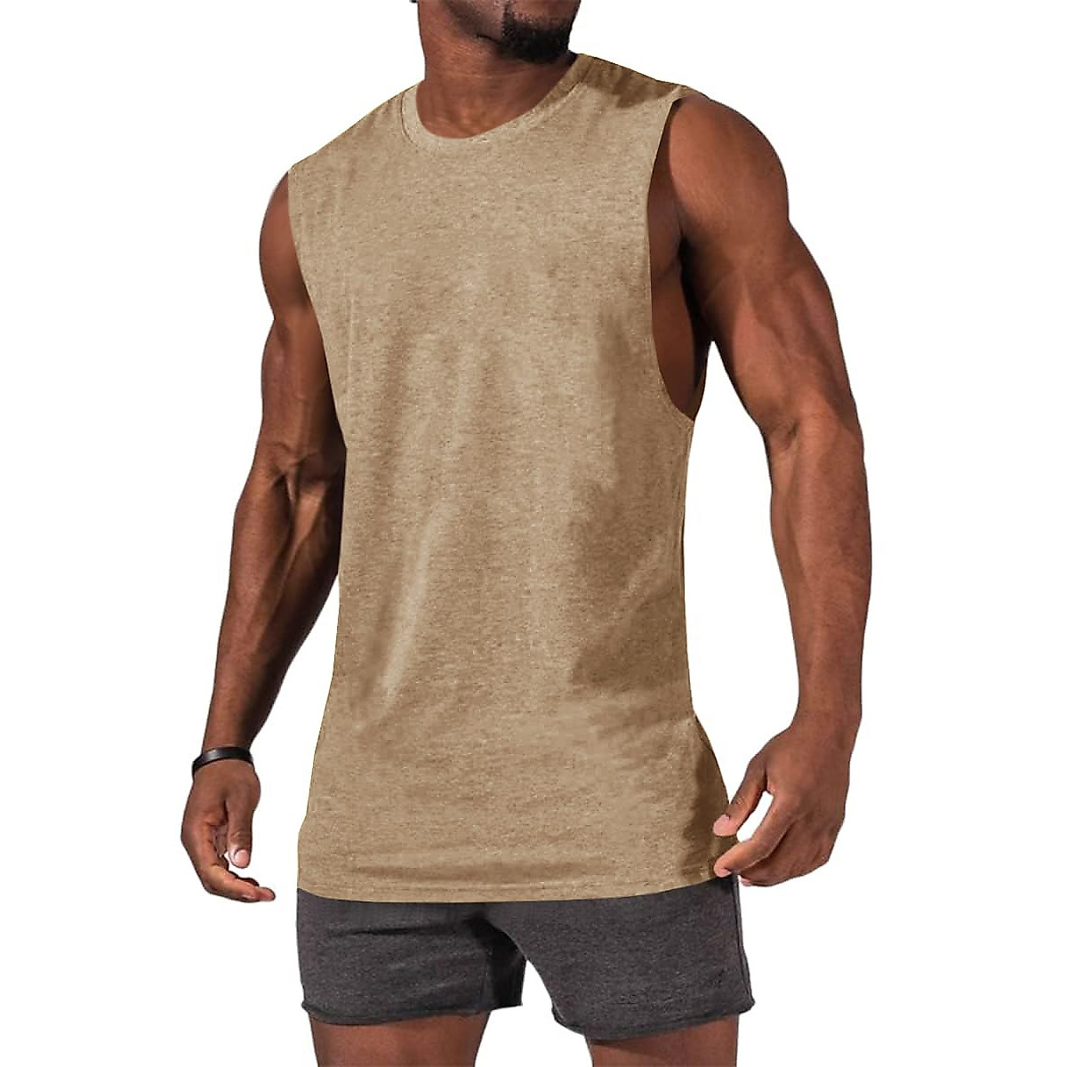 ZIWOCH Men's Sleeveless Tank Tops Crewneck Solid Loose Fit Shirt Khaki