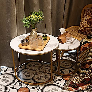 aboxoo Coffee Table Nesting White Set of 2 Side Set Golden Frame Circular and Marble Pattern Wooden Tables, Living Room Bedroom Apartment Modern Industrial Simple Nightstand