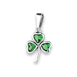 Clover Shamrock Pendant Simulated Emerald .925 Sterling Silver Good Luck Charm