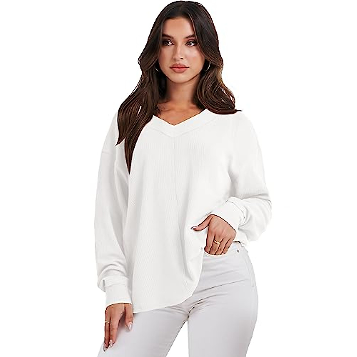 ANRABESS Women’s Casual Long Sleeve Sweatshirt V Neck Off Shoulder Shirt Loose Baggy Comfy Knit Pullover Sweaters Tunic Top 2023 Fall Clothes A1069baise-XL White