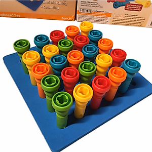 VIPAMZ Peg Board Set Toys-Montessori Occupational Therapy Fine Motor Skills Toy, Suitable for Toddlers and Preschoolers Over 3+ Year Old. 25 Tall-Stacker Pegs Rubber 8" Pegboard