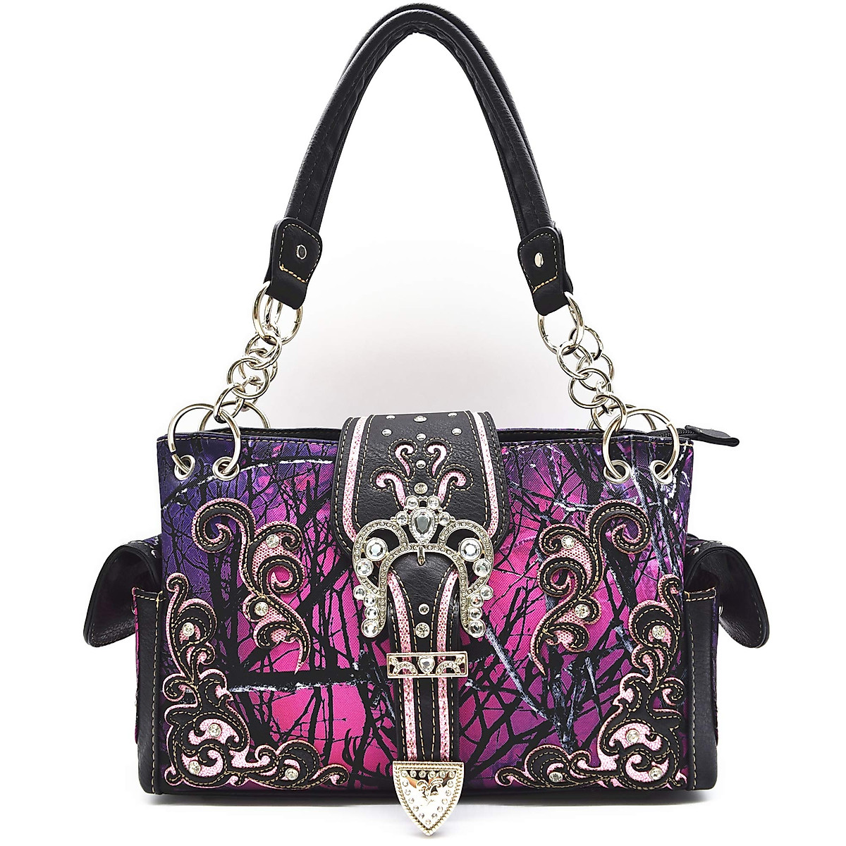 Camouflage Crown Buckle Western Style Purse Floral Shine Glow Country Handbag Women Shoulder Bag Crossbody Wallet Set (Purple)