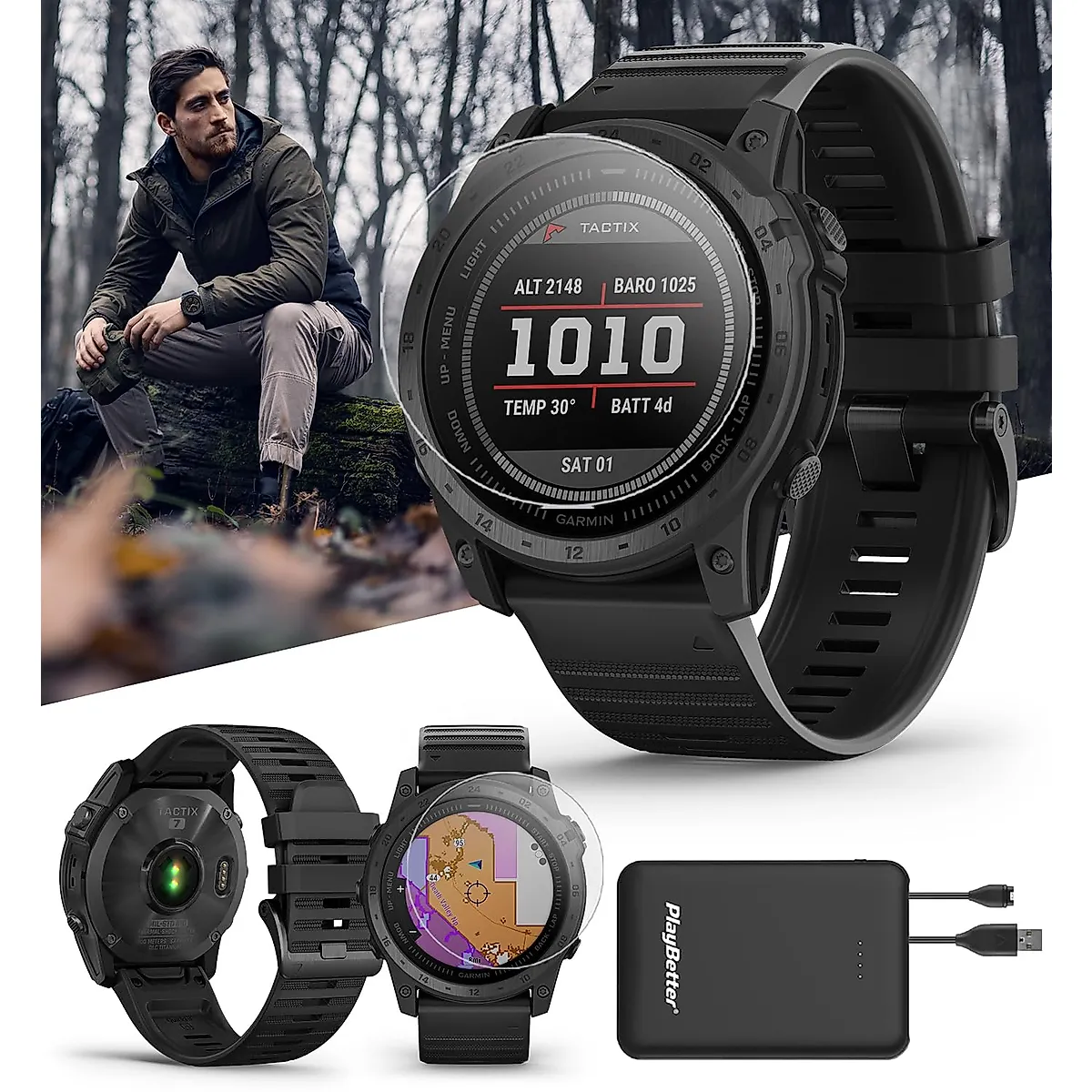 Garmin tactix 7 Tactical GPS Watch Bundle - Ruggedly Built, Built-in LED Flashlight, Multi-GNSS - Includes PlayBetter HD Screen Protectors & Portable Charger