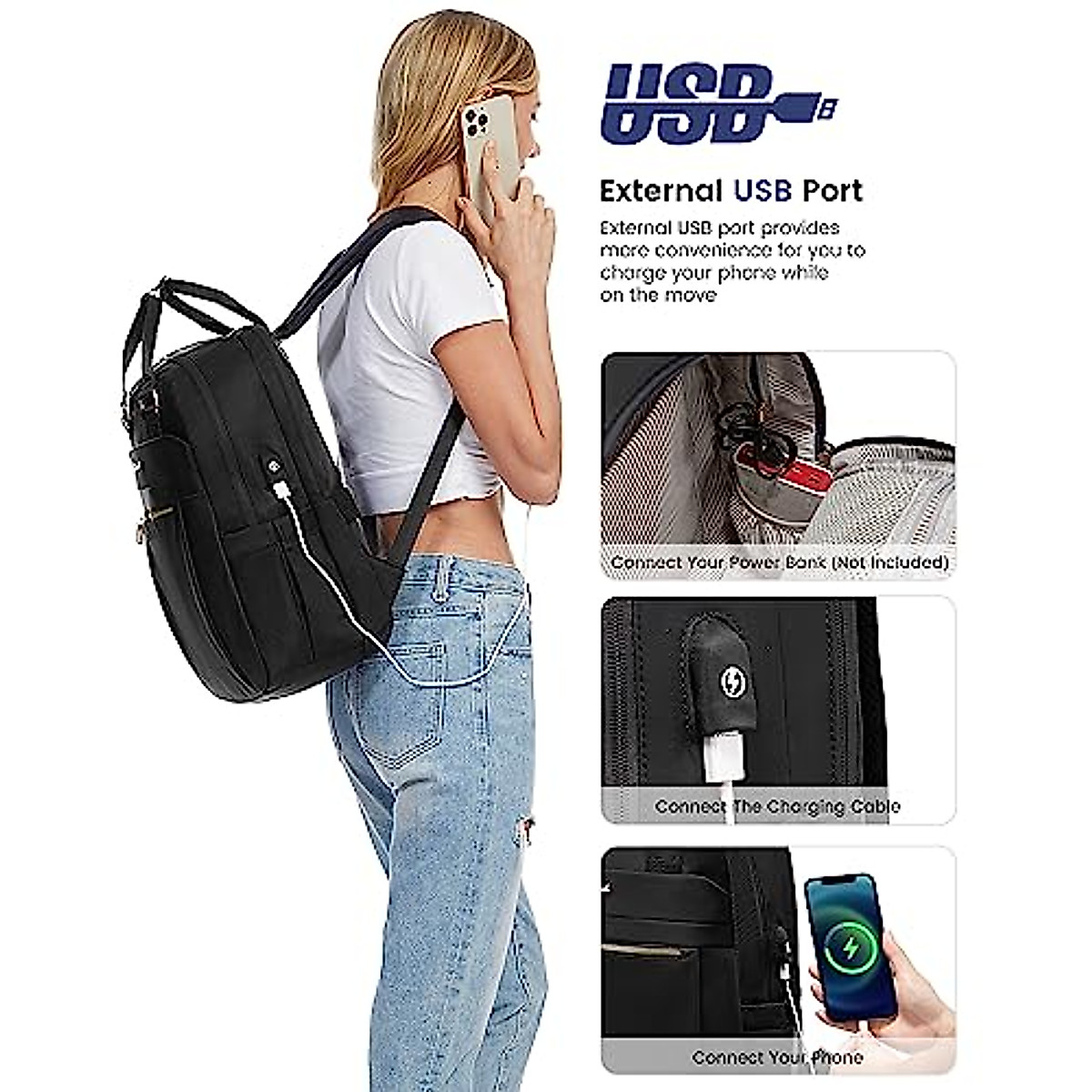 LOVEVOOK Laptop Backpack for Women 15.6 Inch Laptop Bag for Work Travel Computer Backpack with USB Port, Fashion Waterproof Backpack Purse Casual Daypacks, Black