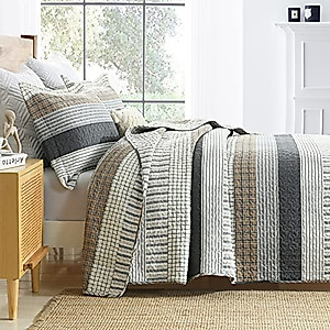 PANGUSHAN 100% Cotton Quilt Set Queen Size, Patchwork Queen Quilt Bedding Set Bedspreads, Farmhouse Lightweight Comforter Reversible Quilt, White/Brown/Grey Bed Spread for All Season, 3 Pieces