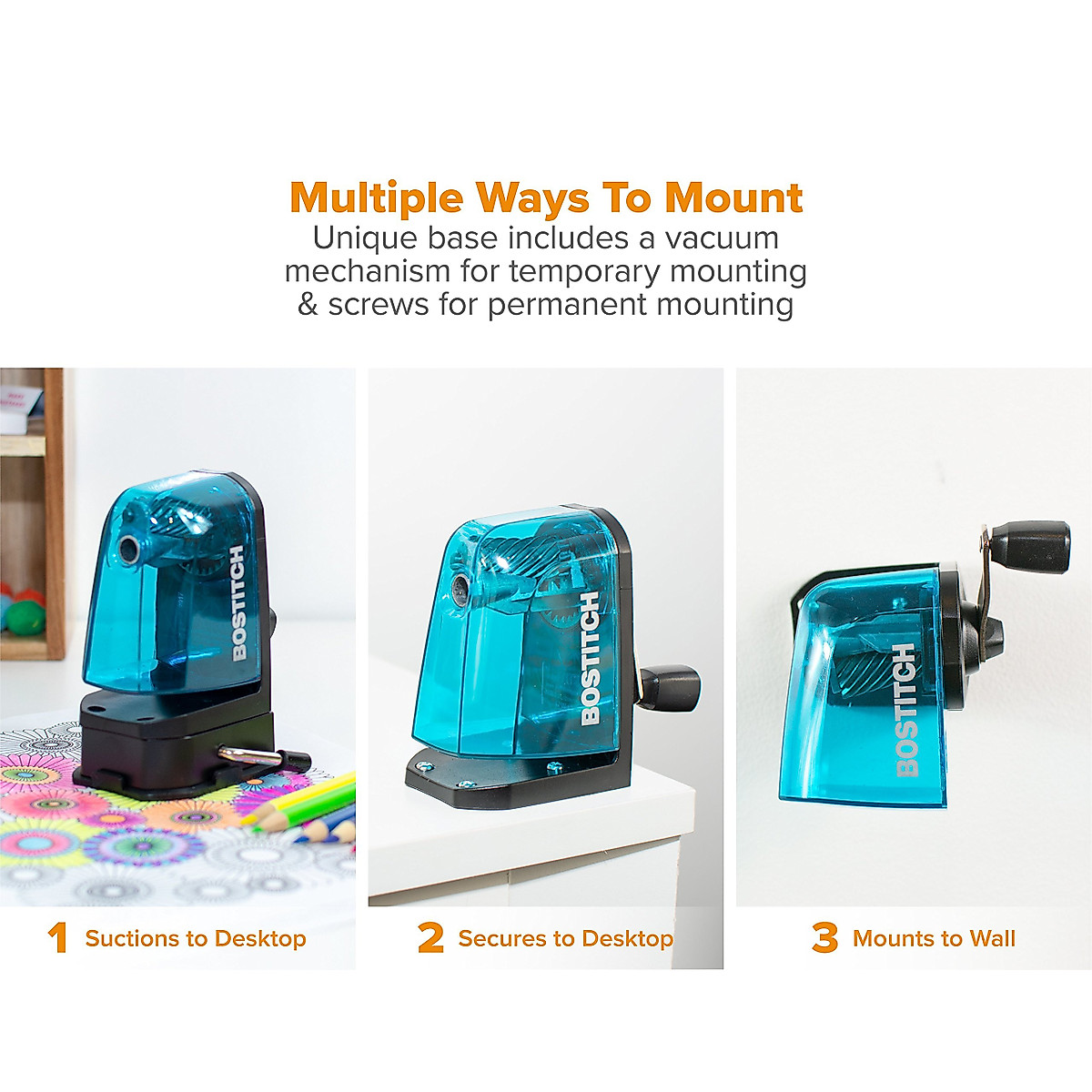 Bostitch Office Multi-Mount Manual Pencil Sharpener, Vacuum Mount or Screw Mount, Blue (MPS2-BLUE)