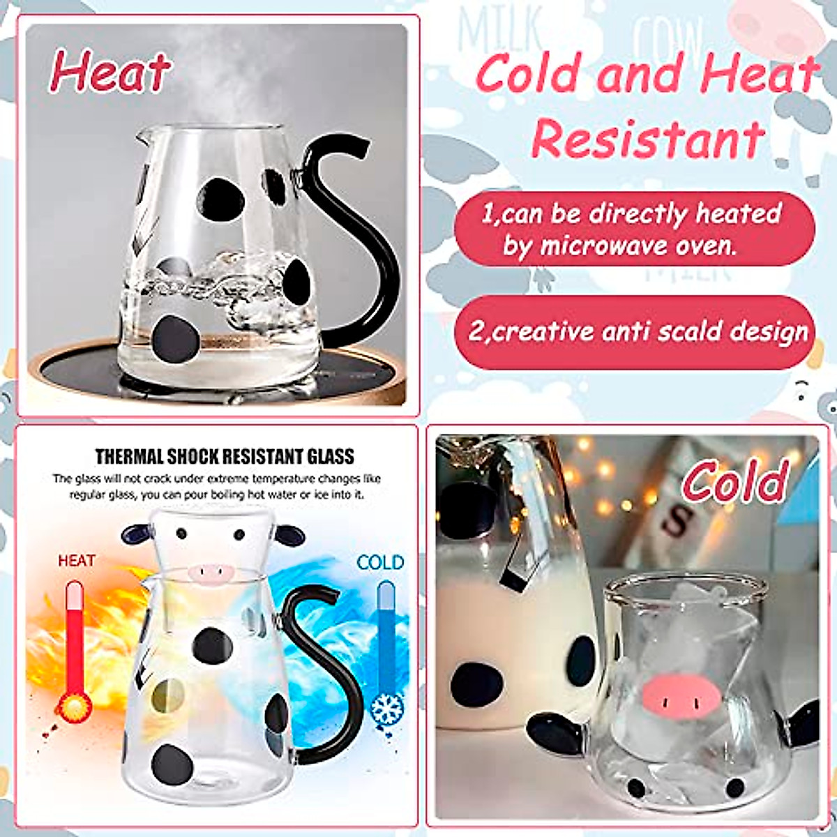 Bedside Water Carafe and Glass Set, 18 OZ Glass Pitcher & 4 OZ Cup, Bedside Night Carafe Pitcher and Water Glass Tumbler Set, Cute Cartoon Cow Glass Water Pitcher with Cup Set for Bedroom (18 oz)