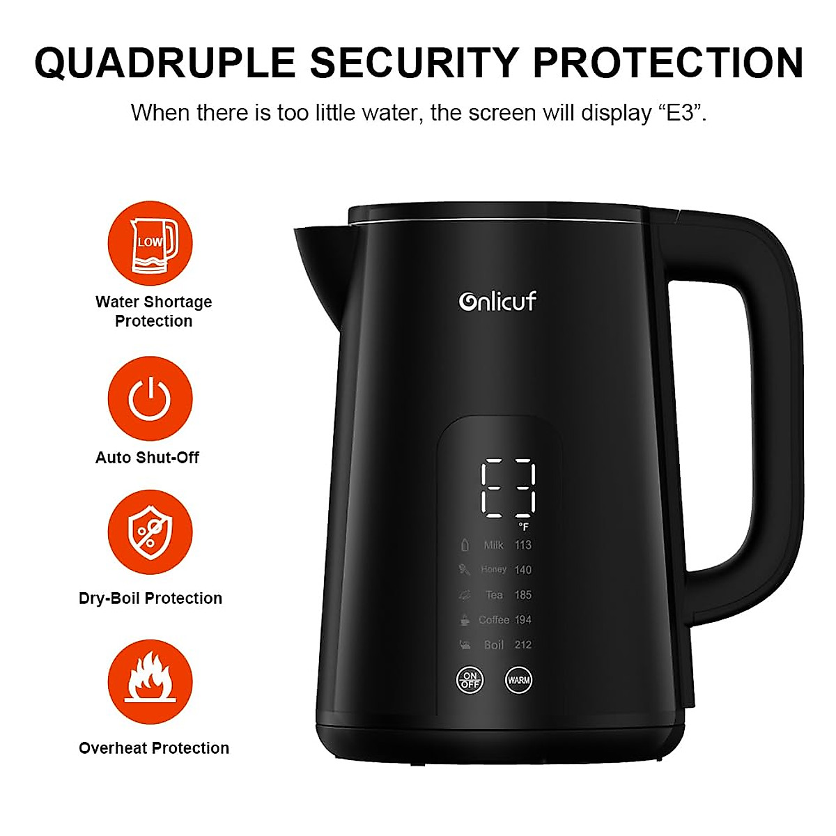 Onlicuf Temperature Control Electric Kettle, Long-term Keep Warm 304 SS Interior 1.7 L Electric Tea Kettle & Hot Water Boiler with Real Time Display,Auto-Off & Boil-Dry Protection, BPA Free
