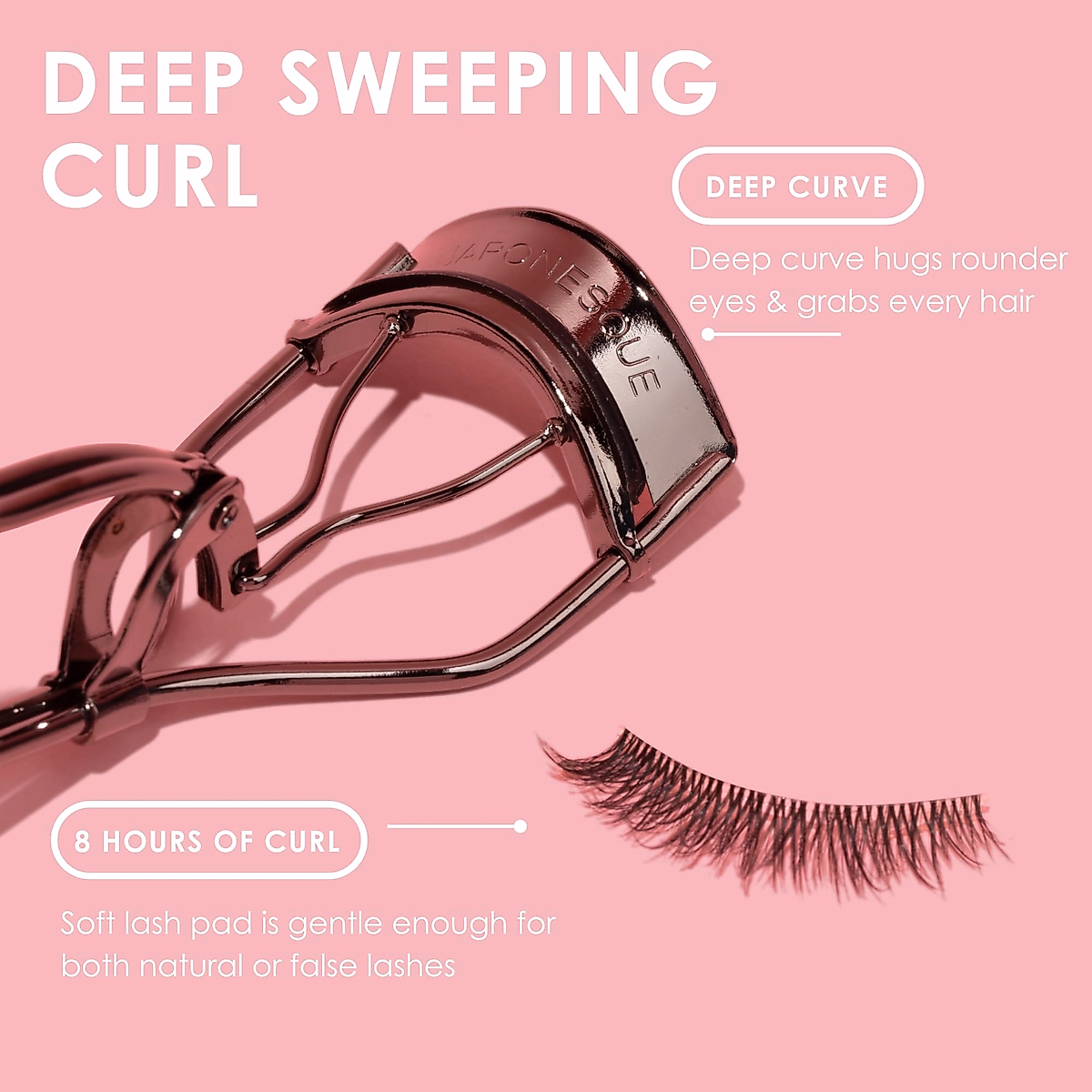 JAPONESQUE Extreme Lash Curler - Scissor Comfort Handle, Deep Curl, Keeps Lashes Curled for 8 Hours, High Arch Design, for Natural or False Lashes, Includes 1 Refill Pad (Gunmetal)
