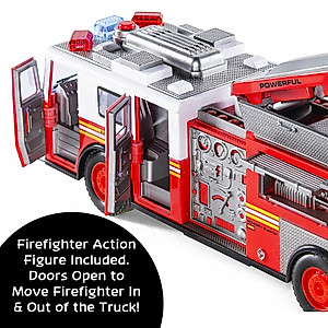 Prextex RC Fire Engine Truck Remote Control 14-Inch Rescue Fire Truck with 12-Inch Ladder and Lights and Sirens Best Gift Toy for Boys Girls