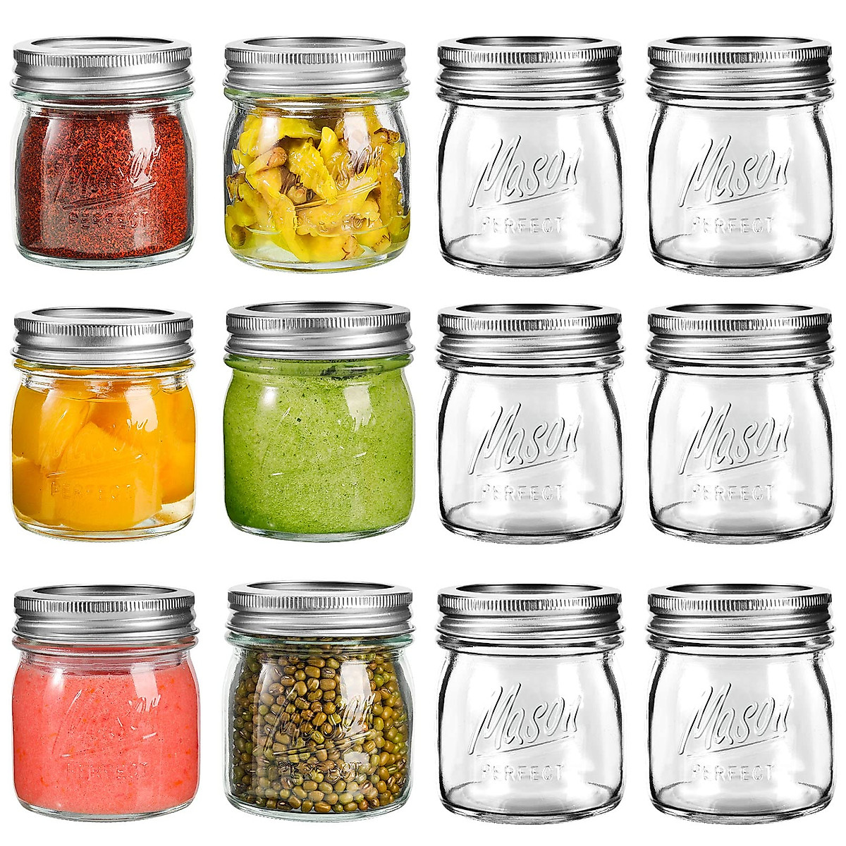 12Pack Mason Jars 8oz with Airtight Lids and Bands - Regular Mouth Glass Canning Jars, Small Half Pint Mason Jars for Preserving, Pickling, Honey, Jam, Jelly, Kitchen Spice jars, DIY Gift