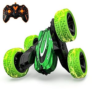 SHARKOOL Remote Control Car | 2.4Ghz Mini RC Cars with Rechargeable Battery, 360° Flips Rotating Double Side Stunt Car | Electric Toy Cars for Kids | Birthday Gift for Boys & Girls-Green
