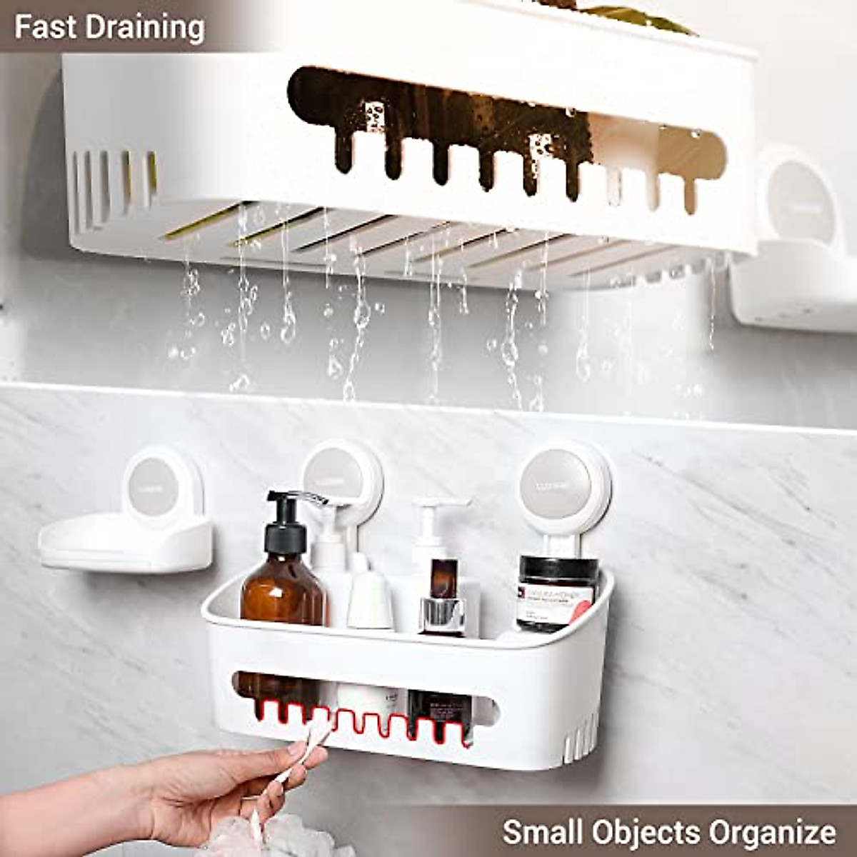 4 Packs Shower Caddy Suction Cup Set - Shower Shelf+Soap Dish+Suction Hooks - One Second Installation NO-Drilling Removable Powerful Waterproof DIY Shower Organizer for inside Shower Bathroom Kitchen
