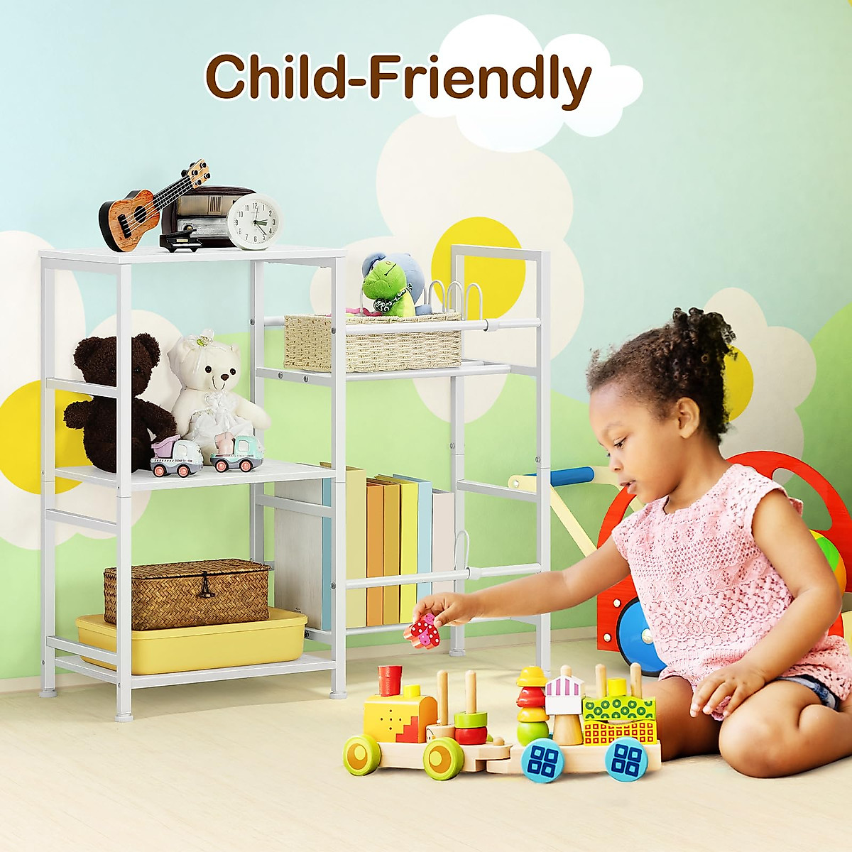 2 in 1 Kids Bookshelf & Kids Toy Storage, 5 Tier Shelf for Kids, Bookshelf with Storage, Kids Bookcase and Toy Storage Organizer for Living Room, Bedroom, Kids Room School & Nursery, Metal, White