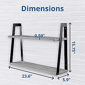 Halter 2 Tier Rustic Floating Wall Shelves for Bedroom, Bathroom, Mounted Hanging Bookshelf Storage, Oragnizer, Living Room, Kitchen, or Laundry Room, Set of 2 Shelves, Brackets Included, Gray Wood