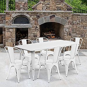 Flash Furniture Commercial Grade 31.5" x 63" Rectangular White Metal Indoor-Outdoor Table Set with 6 Stack Chairs