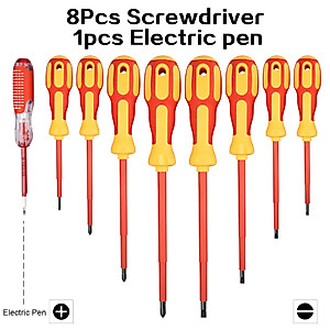 uoboeuq 9 Piece 1000V Insulated Electrician Screwdrivers Set with Magnetic Tips, Slotted and Phillips Bits Non-Slip Grip, with 1 Test pen Electrical screwdriver set