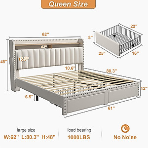 EnHomee Queen Bed Frame with Headboard and Storage, Upholstered Queen Bed Frame with Storage, Queen Size Bed Frame with 2 Drawers, Queen Size Bed Frame with Storage, NO Noise,No Box Spring Needed