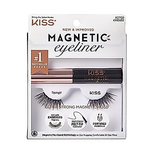 KISS Magnetic Eyeliner & Lash Kit, Tempt, 1 Pair of Synthetic False Eyelashes With 5 Double Strength Magnets and Smudge Proof, Biotin Infused Black Magnetic Eyeliner with Precision Tip Brush