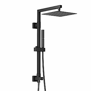 BESy Brass Shower Arm, Square 10 Inch Rainfall Shower Head with Handheld Spray Combo, Dual Showerhead Rain Set 2 Setting Hand Held Sprayer with Adjustable Slide Bar, With Shower Hose, Matte Black