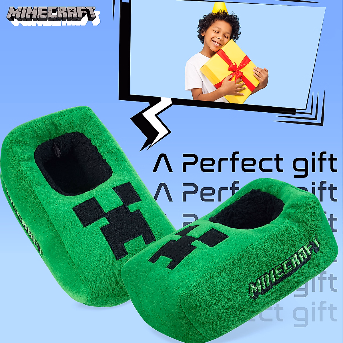Minecraft Boys Slippers, Cozy Indoor House Shoes - Gamer Gifts for Boys (Green/Black, 2.5/3.5 US)