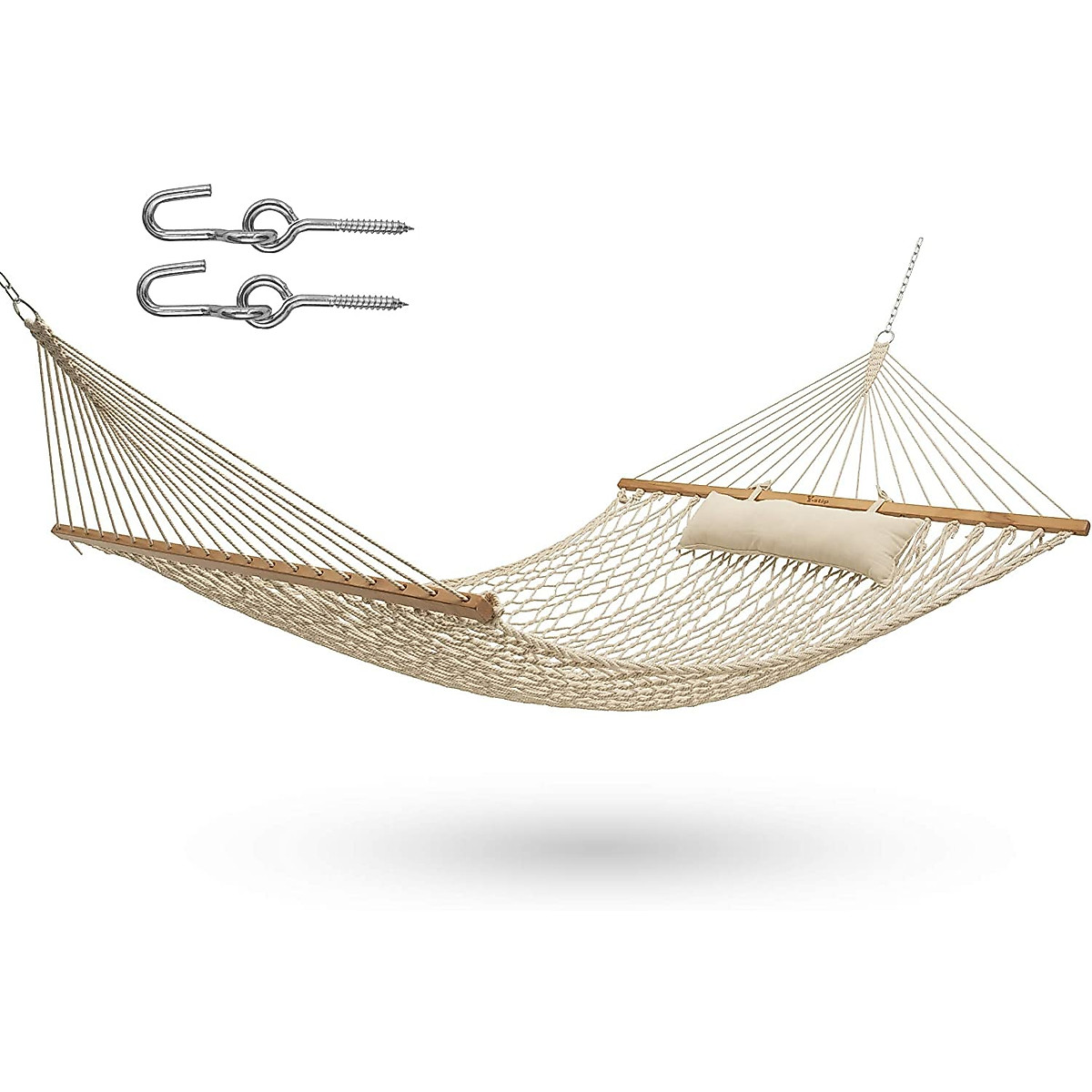 Y- STOP Hammocks, Traditional Cotton Rope Hammock with Chains and Hooks for Outdoor, Indoor, Patio Yard, Double Solid Wood, for Two Person, Max 440 Lbs (Natural)