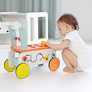 labebe Baby Walker with Wheel, 3-in-1 Wooden Activity Walker for Kids 1-3 Years, Baby Push Walker Girl&Boy/Wooden Push Toy/Walker Toy Infant/Baby Wagons/Learning Walker/Push Cart Toy Orange