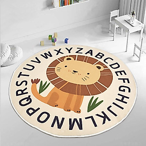 Lacomfy Kid Rugs Animal Play Rug 4Ft Large Round Lion Play Mat Soft Alphabet Educational Area Rug Nonslip Circle Baby Crawling Mat for Boys Girls Carpet for Kids Playroom Nursery, Sitting