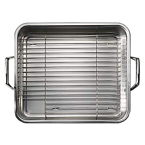 Tramontina 16.5-Inch Stainless Steel Deep Roasting Pan with Basting Grill and V-Rack, Turkey Roaster for Oven, Dishwasher Safe, Made in Brazil