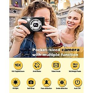 Digital Camera, Lecran Kids Camera FHD 1080P 36.0 Mega Pixels Vlogging Camera with 16X Digital Zoom, LCD Screen, Compact Portable Mini Cameras for Teens, Beginners, Students, Kids (Black)