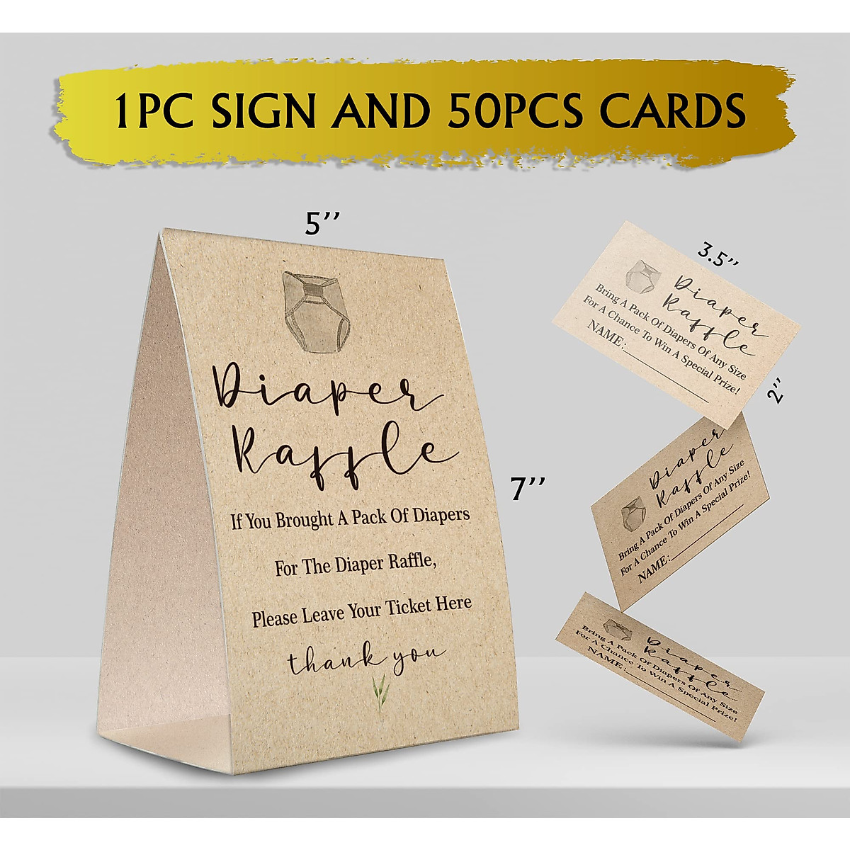 Tesedupoole Kraft Paper Diaper Raffle Sign,Diaper Raffle Baby Shower Game Kit (1 Standing Sign + 50 Guessing Cards),Baby Showers Decorations,Card for Baby Shower Game to Bring a Pack of Diapers-NPZ03