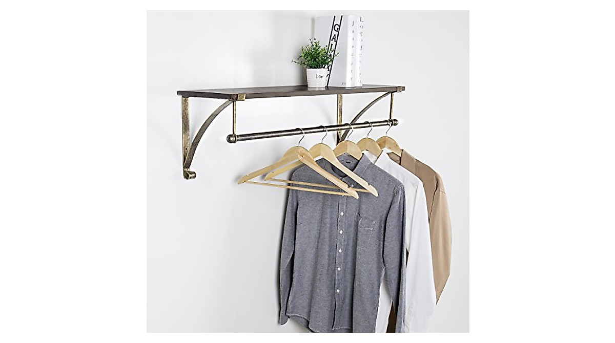MyGift Wall Mounted Wood & Antique Bronze Shelf with Hanger Rod