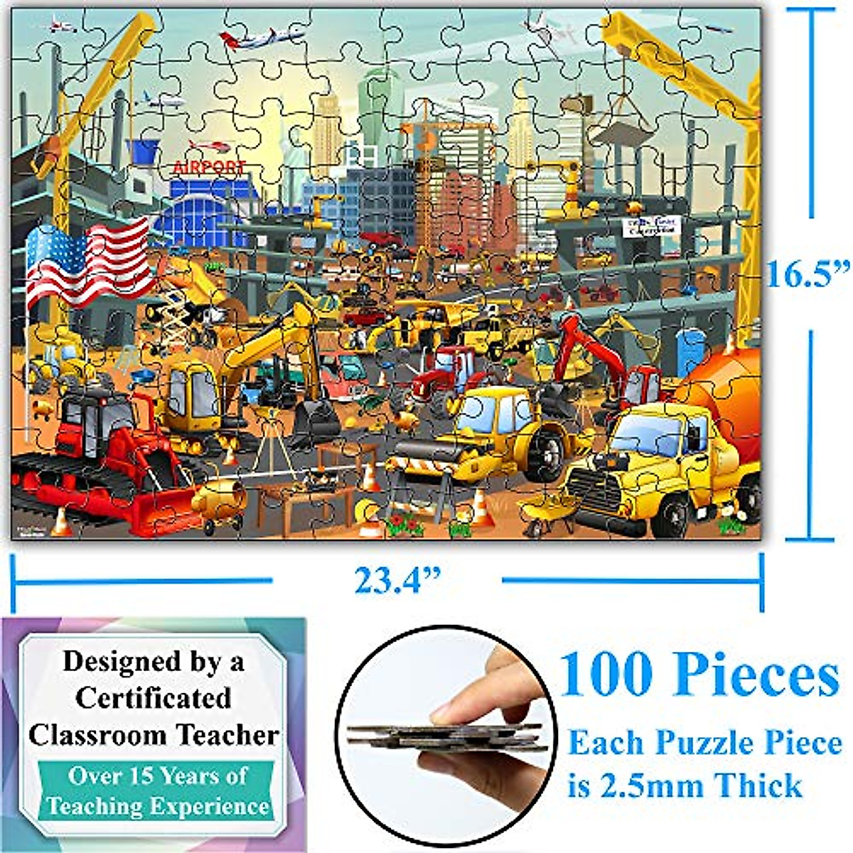 Think2Master Construction in New York City, USA 100 Pieces Jigsaw Puzzle Fun Educational Toy for Kids, School & Families. Great Gift for Boys & Girls Ages 4+ to Stimulate Learning. Size:23.4” X 16.5”