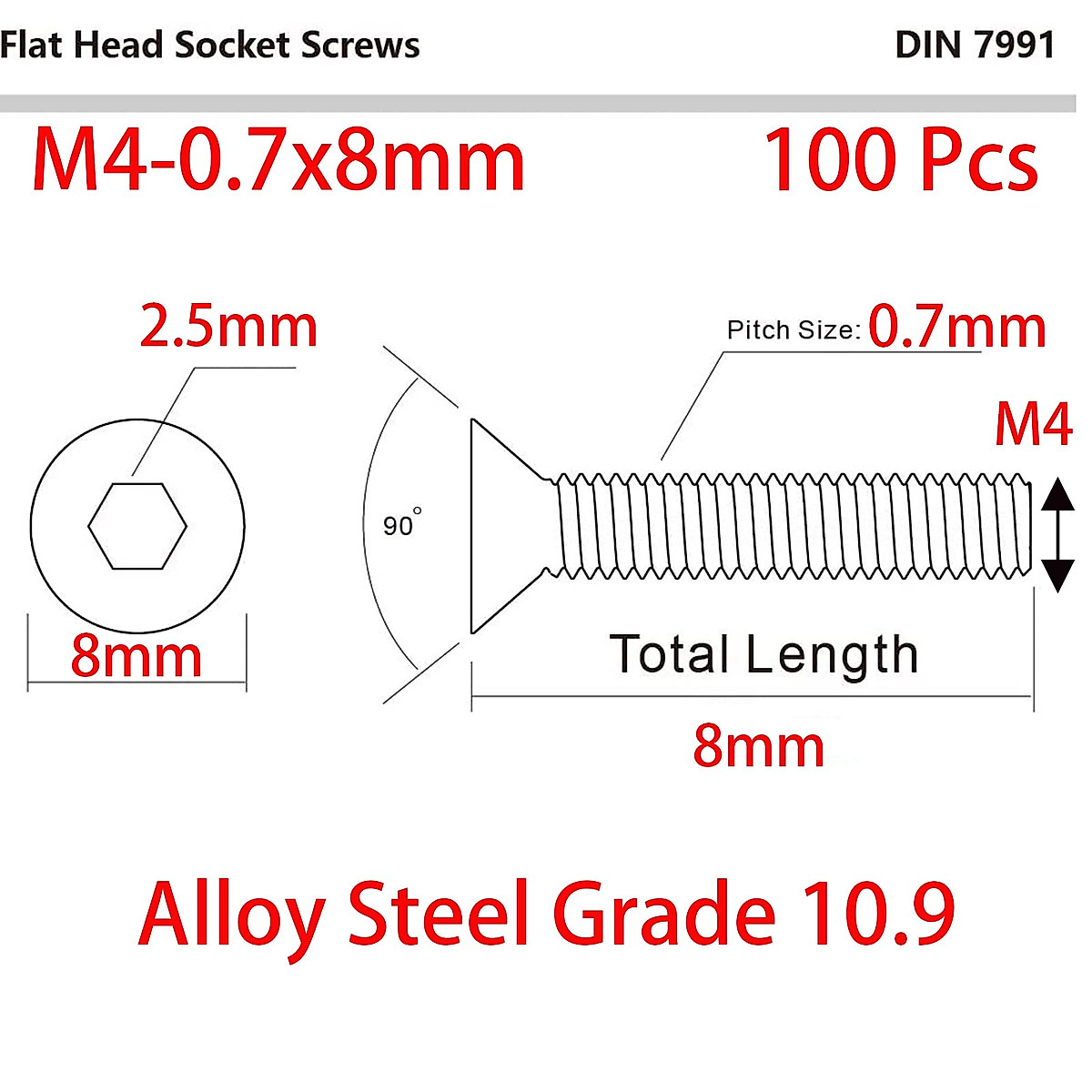 M4-0.7 x 8mm Flat Head Socket Cap Screws,Alloy Steel Grade 10.9, DIN 7991,Black Oxide, Allen Hex Drive,Hex Socket Drive, Fully Thread 100 Pcs