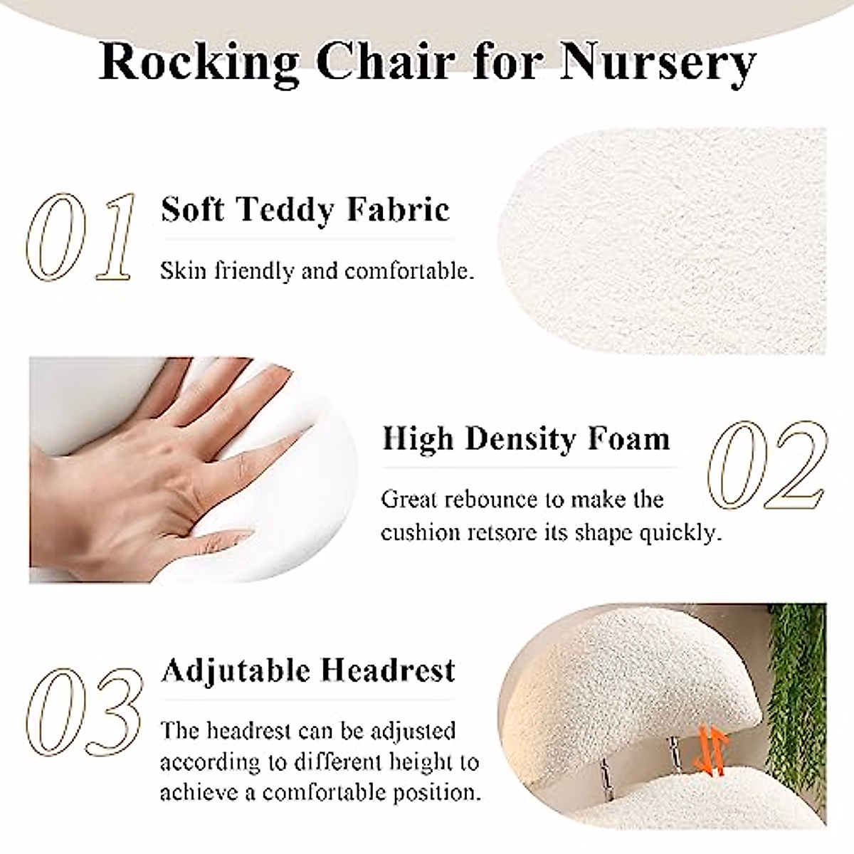 NIOIIKIT Nursery Rocking Chair, Modern Sherpa Upholstered Fabric Glider Rocker, Rocking Chair for Nursery, Comfy Armchair with High Backrest, Leisure Sofa Chair for Living Room Bedroom (Beige)