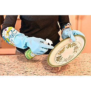 Finnhomy 31229 Household Gloves Latex free cleaning Gloves with soft fiber lining extra long cuff 15" and Vinyl Textured Grip 2 Pair Large