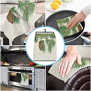 applebless Christmas Tree Pine Cone Kitchen Dish Towels Set of 2, Absorbent Dishcloths Soft Hand Towels Green Brown Tea Towels/Bar Towels Cleaning Cloths for Kitchen/Bathroom 18x28inch