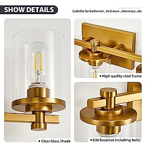 yenlacy 3 Light Bathroom Vanity Light Fixtures, Modern Gold Vanity Lights Over Mirror, Vintage Wall Sconce with Clear Glass Shade, Brushed Gold Vanity Lights for Bathroom