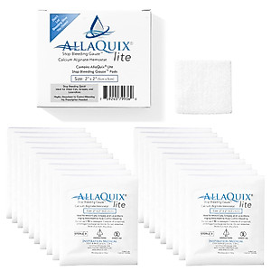 AllaQuix Lite Stop Bleeding Gauze - Calcium Alginate Wound Dressing (Large 2-inch Square) First Aid Hemostatic Gauze (Blood Clotting Bandage) - Box of 20