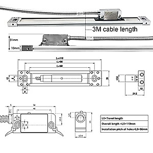 LCD Screen 2 Axis Digital Readout Display High Accuracy Magnetic Scale Encoder 1um Resolution 320mm and 5um Resolution 1020mm ((12"x40") for Lathe Machine
