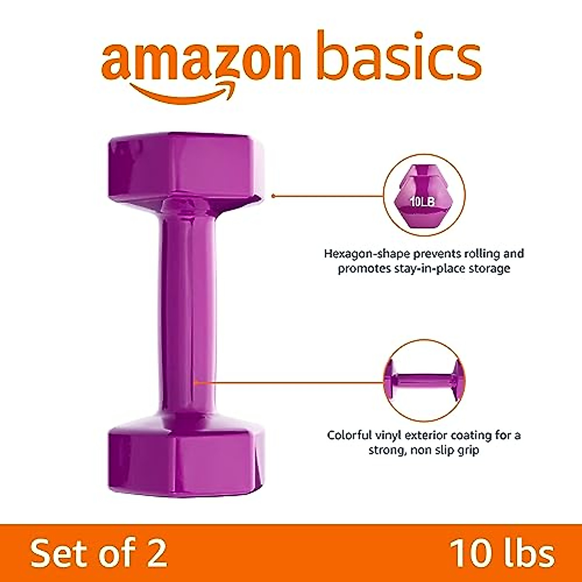Amazon Basics Vinyl Coated Dumbbell Hand Weights, 10 Pounds, Pair, Purple