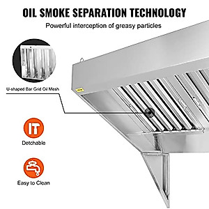 VEVOR Commercial Exhaust Hood, 4FT Food Truck Hood Exhaust, 201 Stainless Steel Concession Trailer Hood with 2 Detachable U-shaped Grid Oil Filter Mesh, Rust Resistant Vent Hood for Kitchen Restaurant
