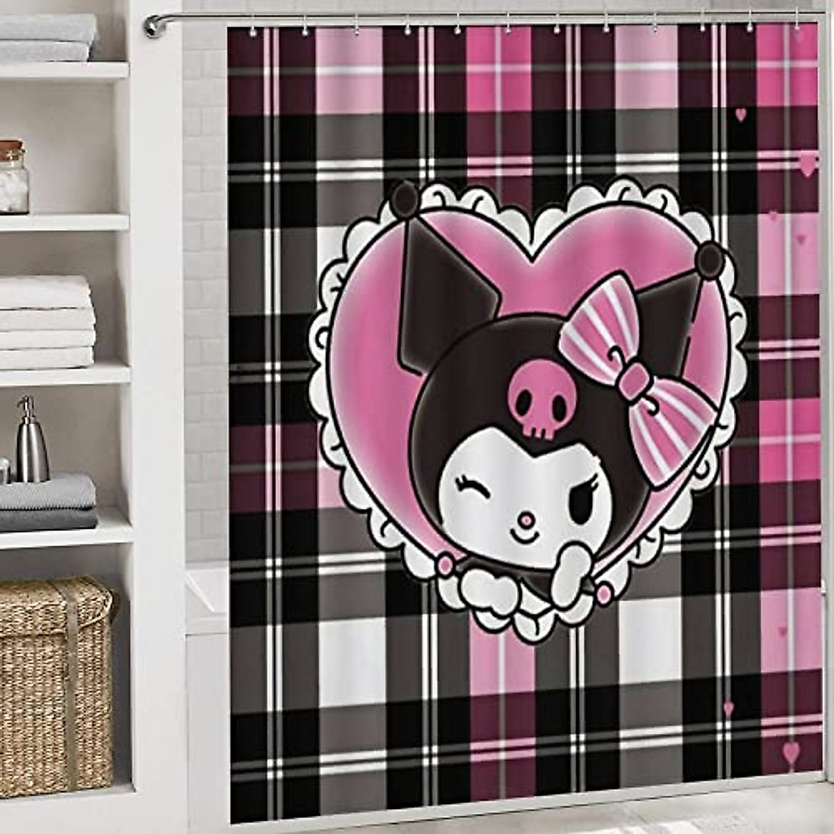 fmsnupz 4PCS Anime Shower Curtain Set, Cute Bathroom Decor with Non-Slip Rugs, Toilet Lid Cover and Bath Mat, Waterproof Fabric Shower Curtains with 12 Hooks, 70.8"x70.8"